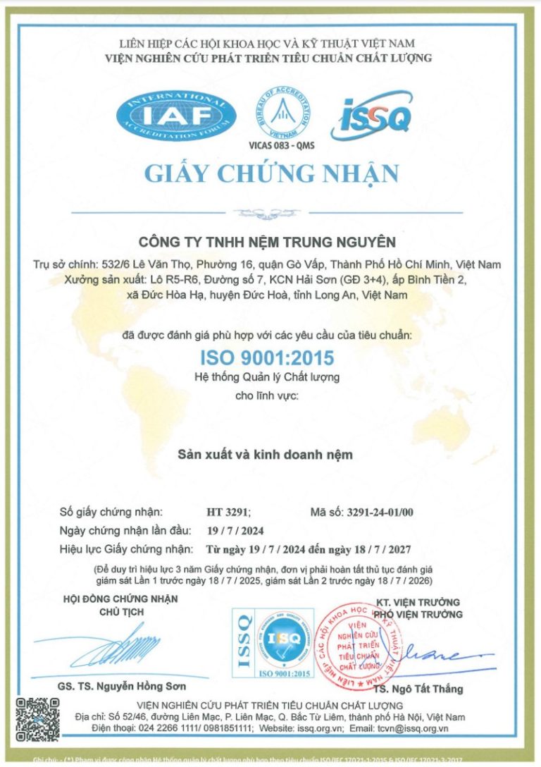 Nệm Trung Nguyên đạt Chứng nhận Hệ thống Quản lý Chất lượng Tiêu chuẩn ISO 9001:2015